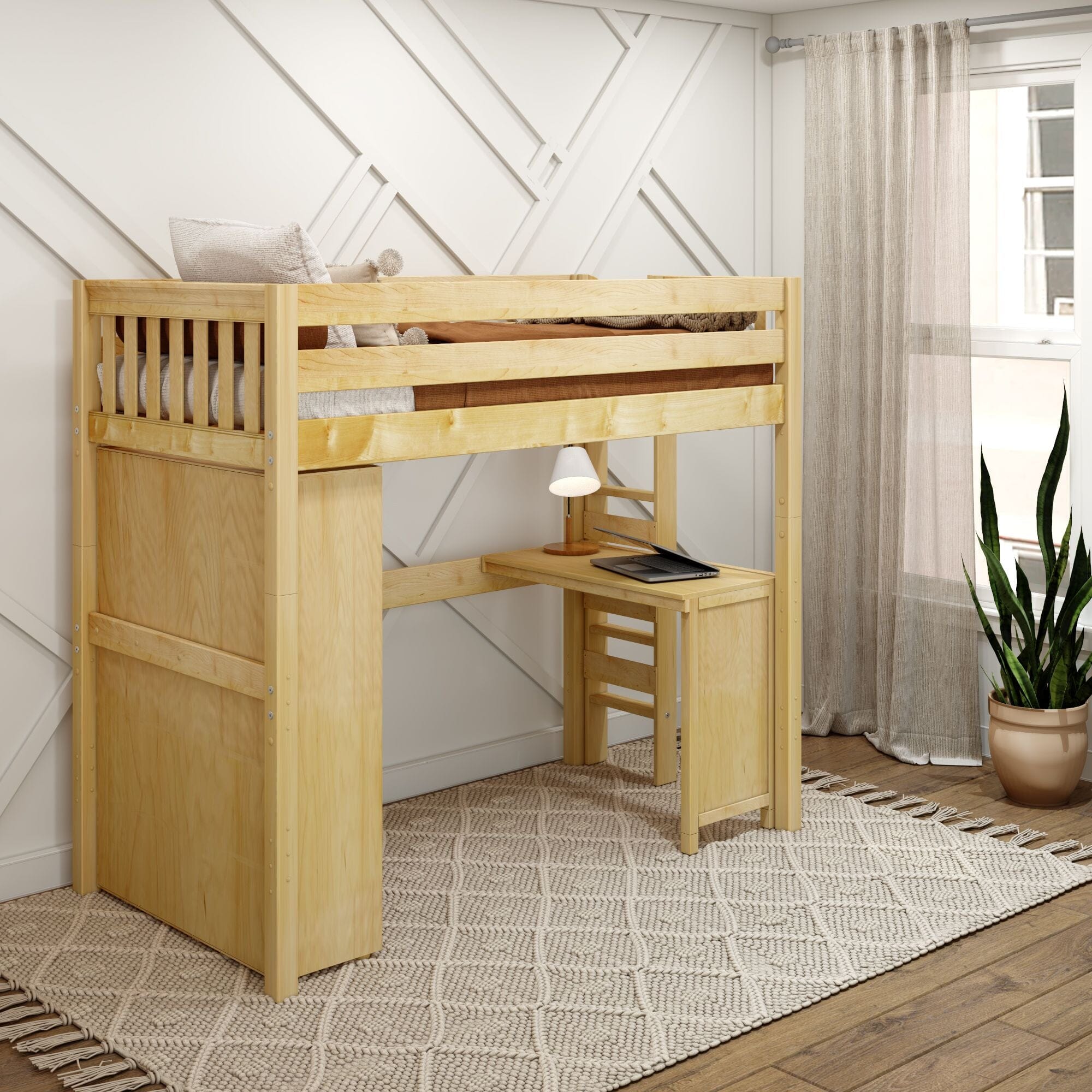 Twin High Loft Bed with Straight Ladder on End Corner Desk and Storag Maxtrix Kids